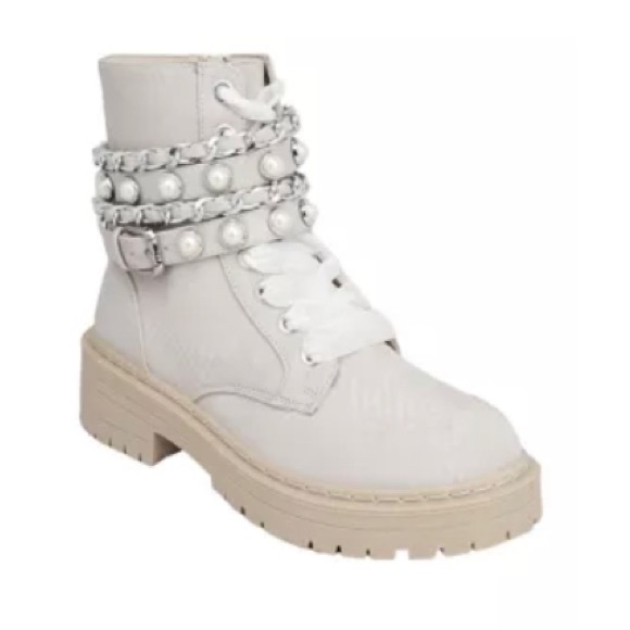 Sugar | Shoes | Sugar Kade Ivory Pearl Accent Strappy Combat Moto Boots ...